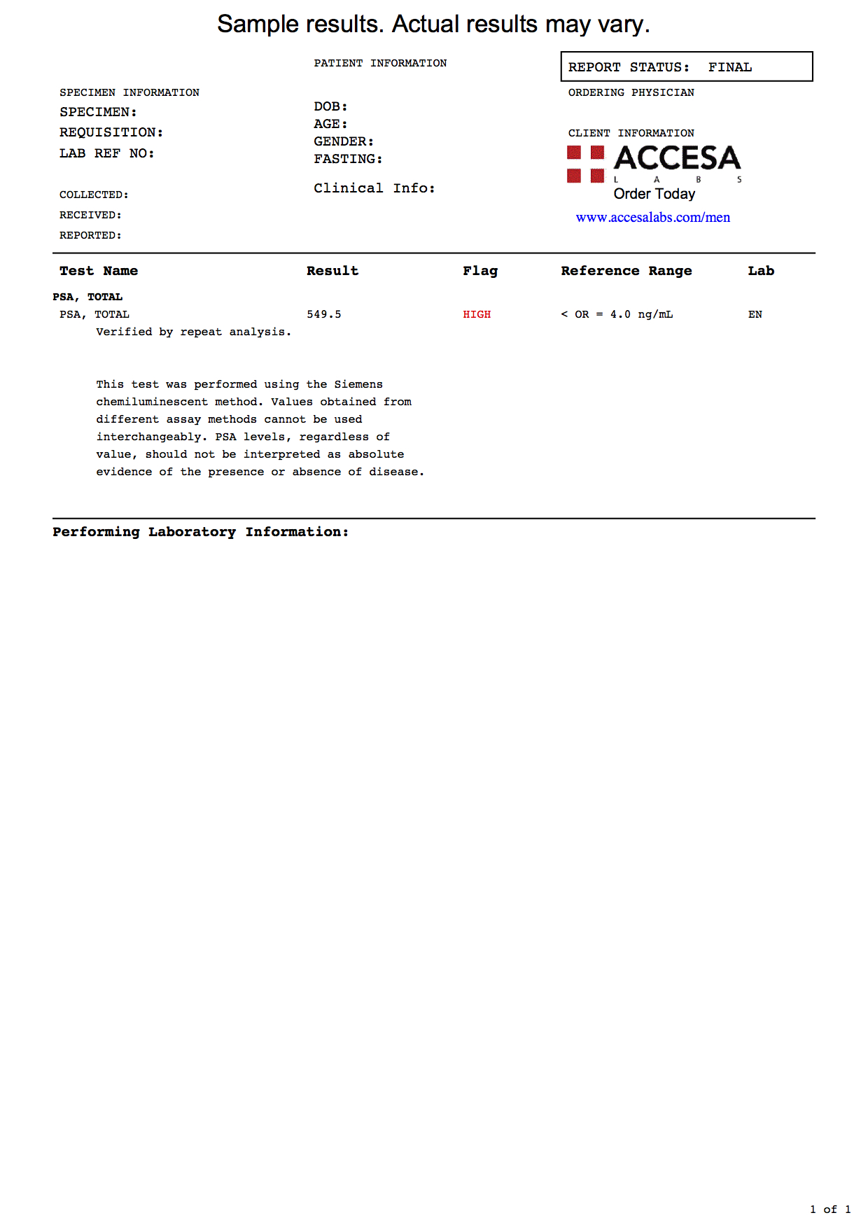 Total PSA Test PSA Blood Test Accesa Labs
